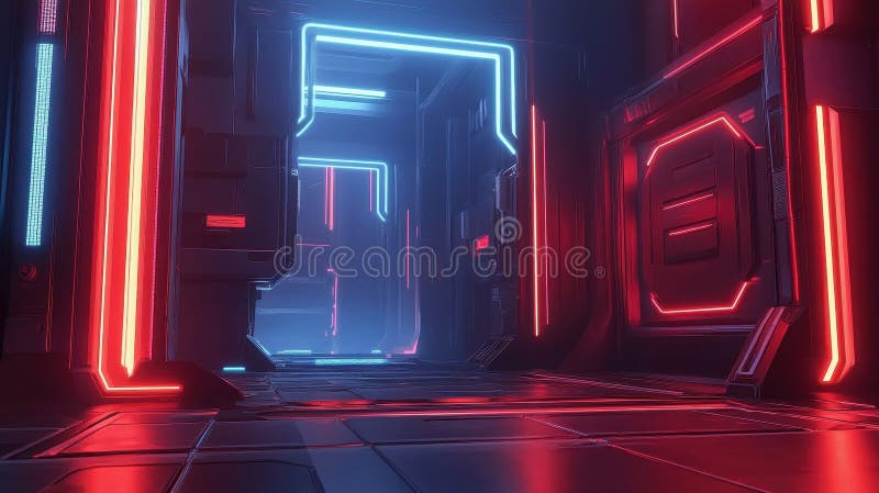 Neon Lit Future Futuristic Corridor with Red Blue Lighting in a Dark ...