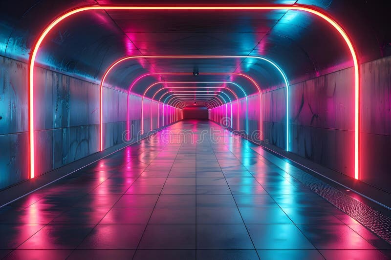 Neon-Lit Futuristic Corridor with Reflective Floor. Concept Neon Lights ...