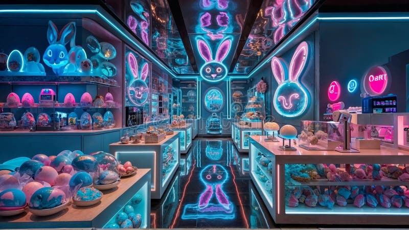 Neon-lit Futuristic Easter Store with Glowing Decorations and Digital ...