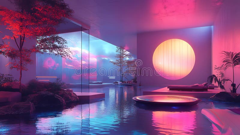 Neon-lit Futuristic Interior with a Pool and a Large Circular Window ...