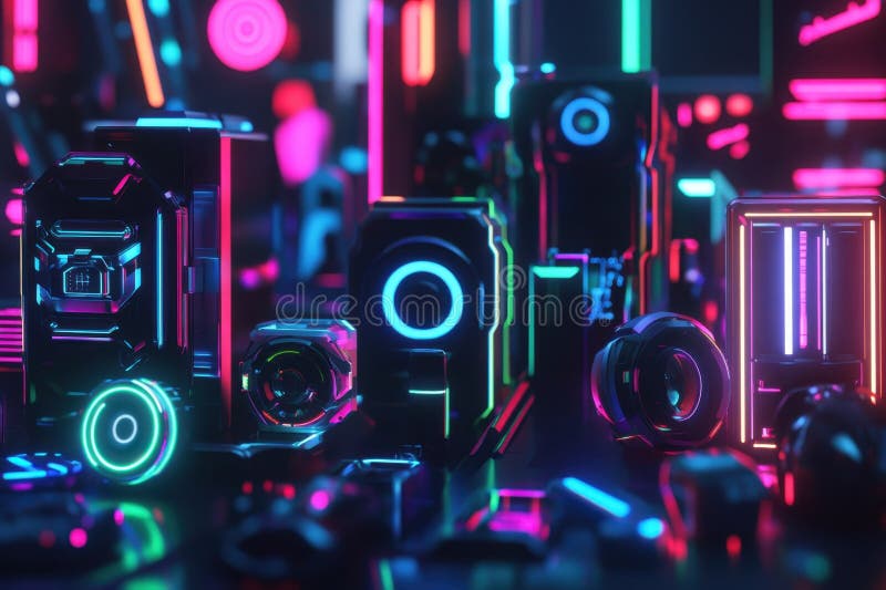 Neon-lit Futuristic Objects Create a Vibrant Atmosphere in a Digital ...
