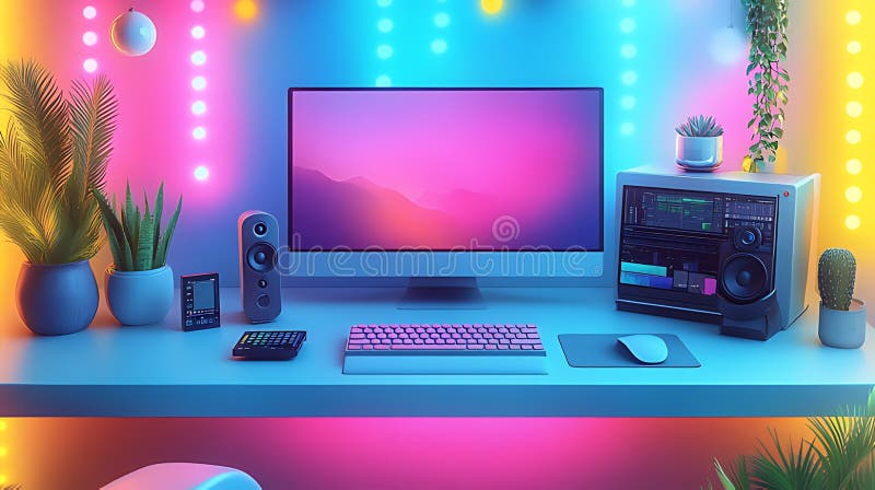 Neon-lit Gamer Desktop Setup, Plants, Night Stock Illustration ...