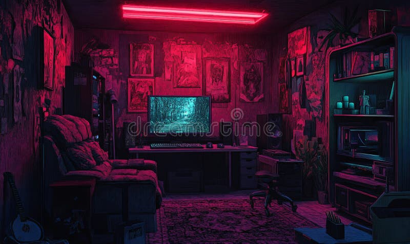 Neon-lit Gamer Room with Posters, Computer, and Retro Electronics Stock ...