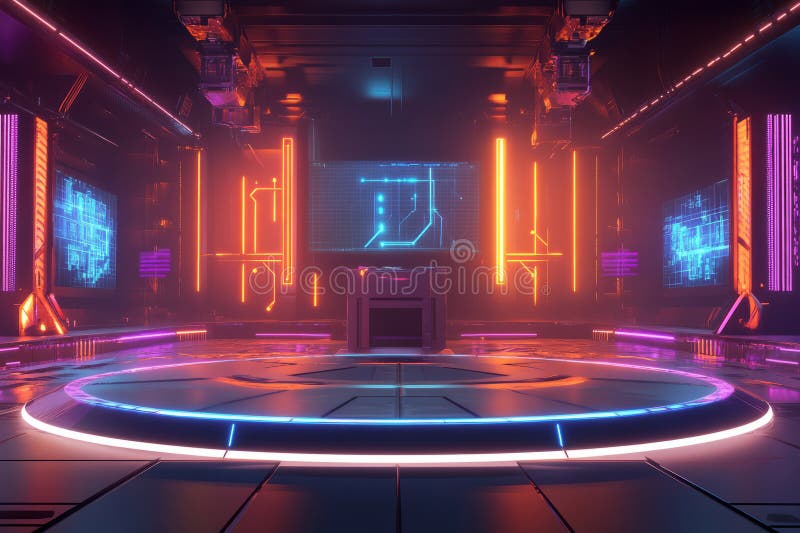 A Neon-lit Gaming Arena 3D Background Featuring a Dynamic Podium with ...