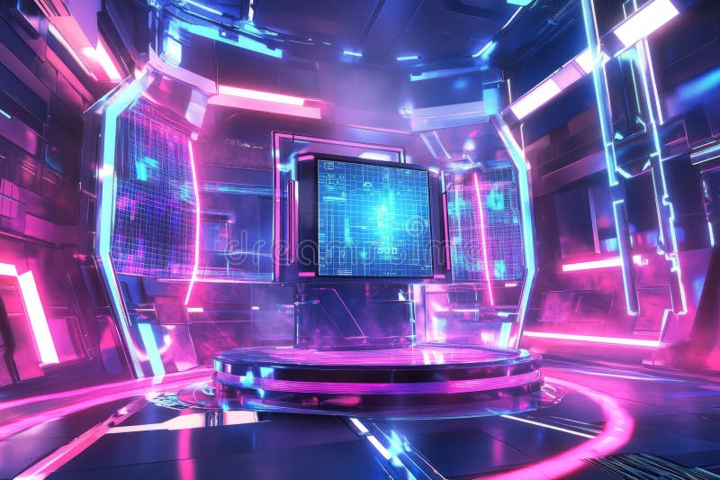 A Neon-lit Gaming Arena 3D Background Featuring a Dynamic Podium with ...