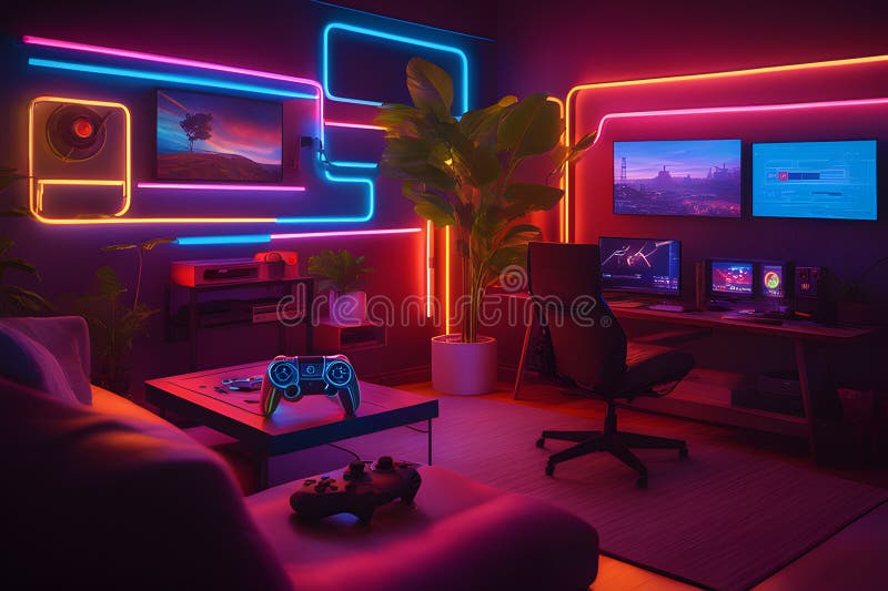Neon-lit Gaming Environment with a Dynamic and Futuristic Ambiance ...