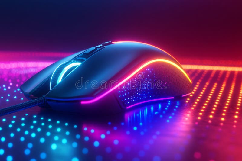 Neon-lit Gaming Mouse Resting on a Vibrant, Colorful Desk Mat, Creating ...