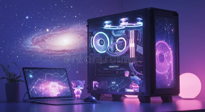 Neon-lit Gaming PC and Laptop with Galaxy Backdrop Creating a Cosmic Atmosphere Stock ...