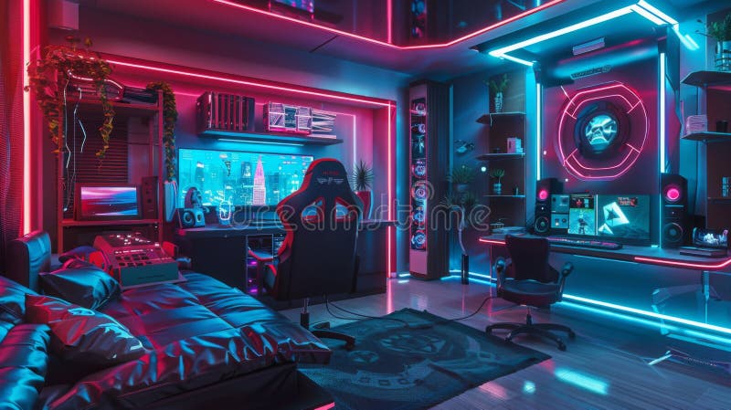 Neon Lit Gaming Room Setup stock image. Image of laptop - 325455459