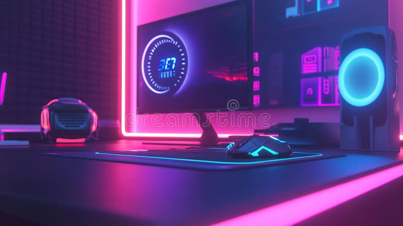 Neon-lit Gaming Setup with Computer, Peripherals, and RGB Lighting ...