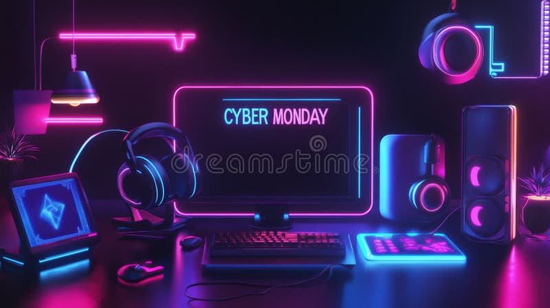 Neon-lit Gaming Setup with "Cyber Monday" Text on a Computer Monitor ...