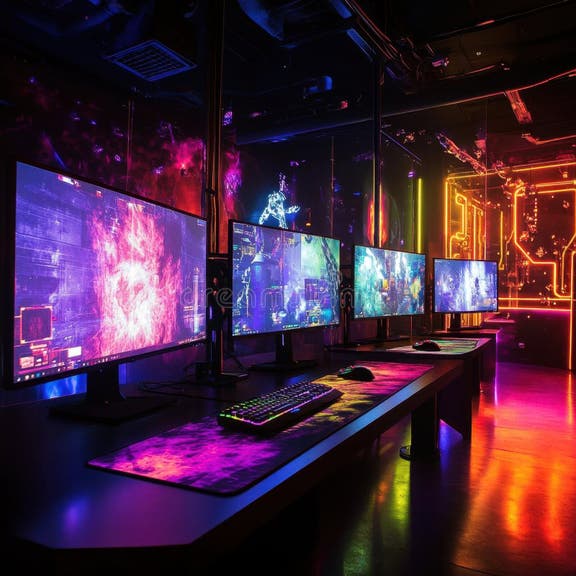 Neon Lit Gaming Setup with Multiple Monitors Stock Illustration ...