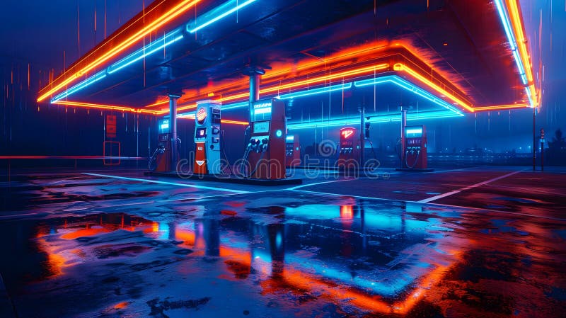 A Neon-lit Gas Station at Night with Glowing Blue Stock Illustration ...