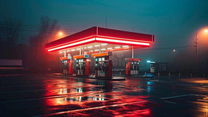 Neon-lit Gas Station at Night with Wet Pavement Stock Illustration ...