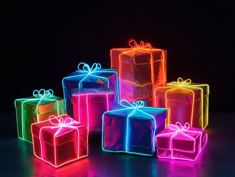 Neon-Lit Gift Boxes in a Dark Room Stock Illustration - Illustration of ...