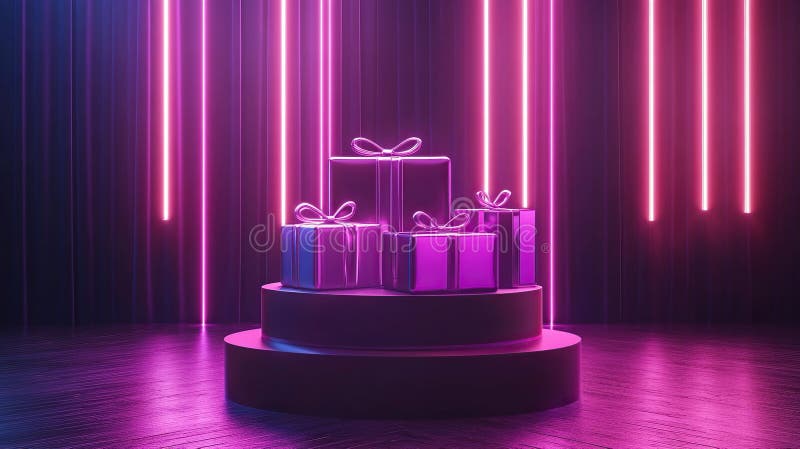 Neon-lit Gifts on Tiered Display Stock Image - Image of surprise, gifts ...