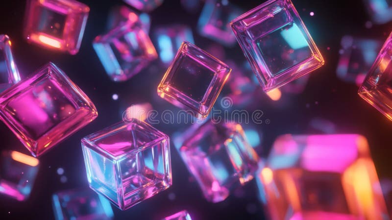 Neon-Lit Glass Cubes Floating in Darkness Stock Illustration ...