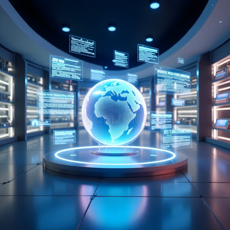 Neon-lit Globe Surrounded by Transparent Screens, Holographic Articles ...