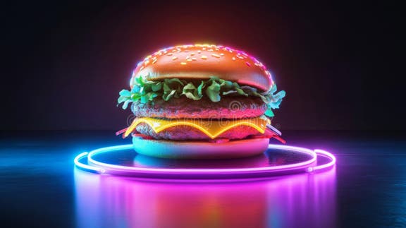 Neon Lit Gourmet Burger on Reflective Plate Stock Illustration ...