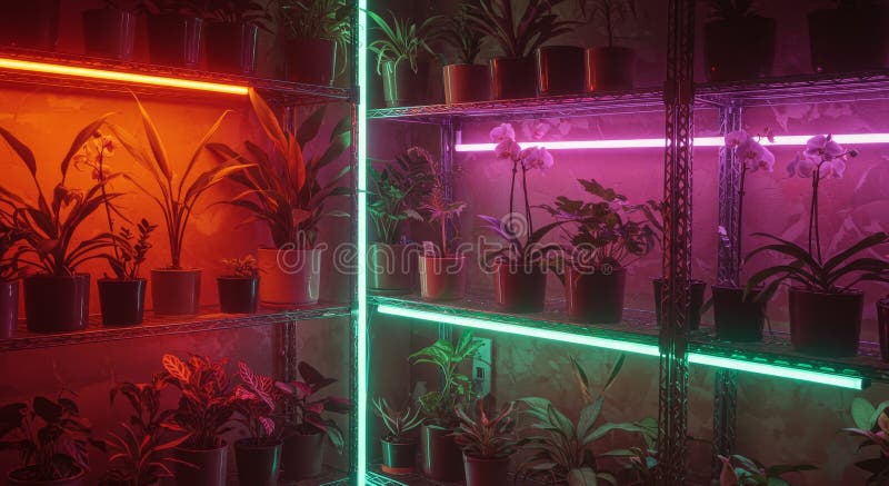Neon Lit Greenhouse Plants Vibrant Indoor Plants Illuminated by Neon ...