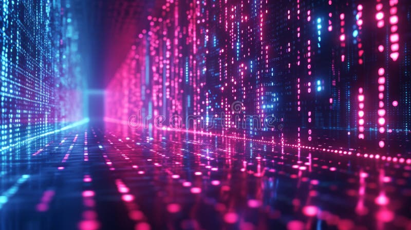 A Neon Lit Grid Of Binary Code Encoding The Language Of The Digital Age Stock Image Image Of