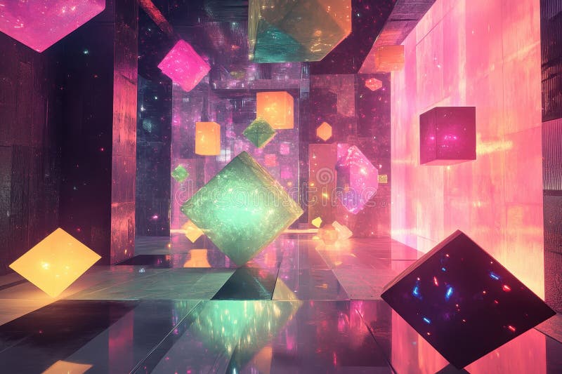 A Neon-Lit Hallway with Floating Prismatic Cubes Stock Illustration ...