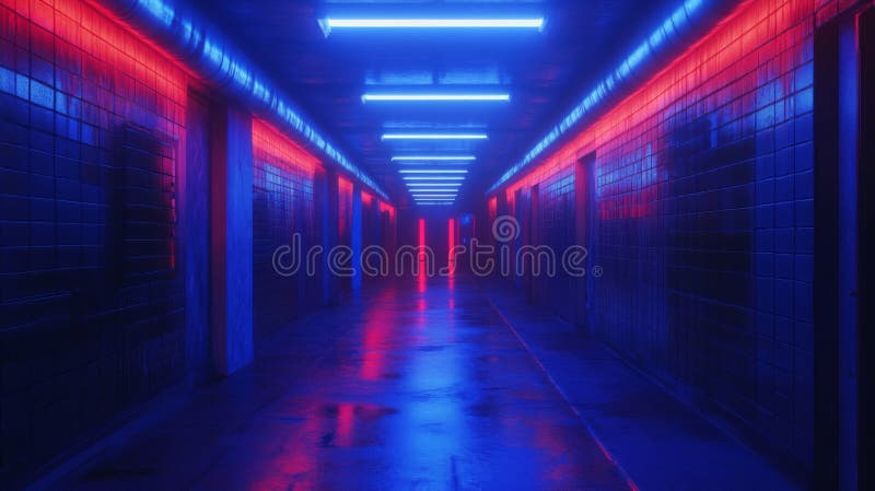 Neon Lit Hallway Red and Blue Fluorescent Lights Stock Illustration ...