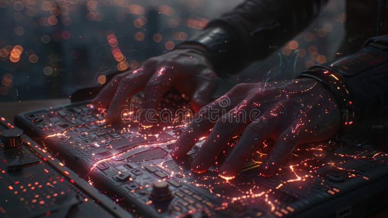 Neon-lit Hands Manipulating Editing Tools on a Digital Interface ...