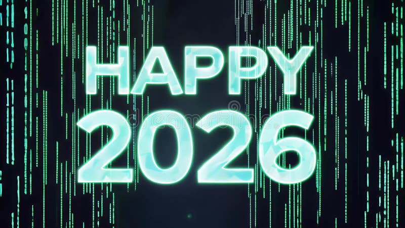 Neon-lit Happy 2026 Floating among Shimmering Green Binary Code Rain ...