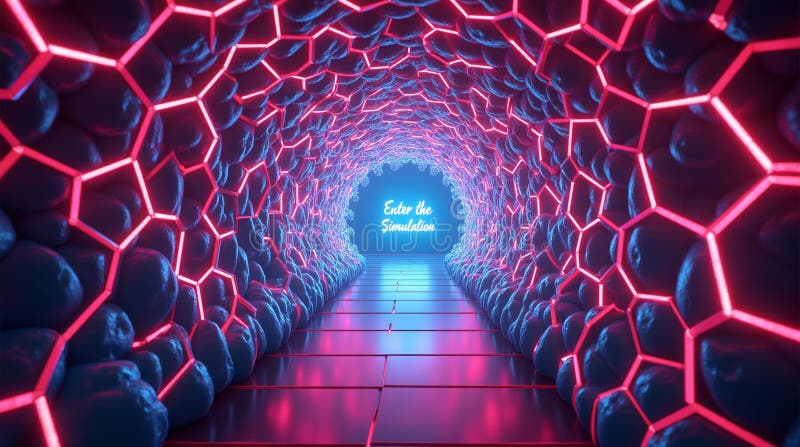 Neon-lit Hexagonal Tunnel, Inviting the Viewer into a Simulated Space ...