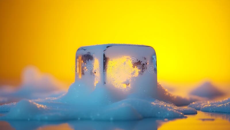 A Neon-lit Ice Cube Melting on a Bold Yellow Surface Stock Illustration ...