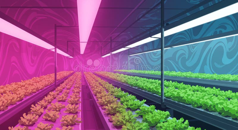 A Neon-lit Indoor Agriculture Facility Features Rows of Hydroponically ...