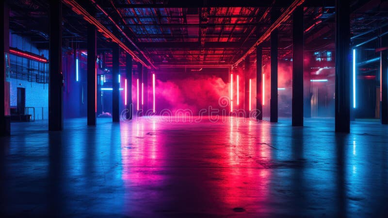 Neon-lit Industrial Interior with Vibrant Red and Blue Lights Creating ...