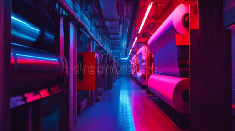 Neon Lit Industrial Paper Roll Manufacturing Facility Stock ...
