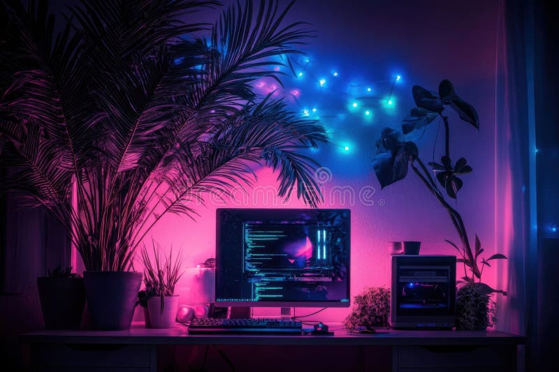 Neon Lit Minimalist Room with Computer Setup and Indoor Plants Stock ...