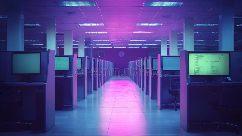Neon-lit Office Hallway, Empty Cubicles, Night, Data Processing ...