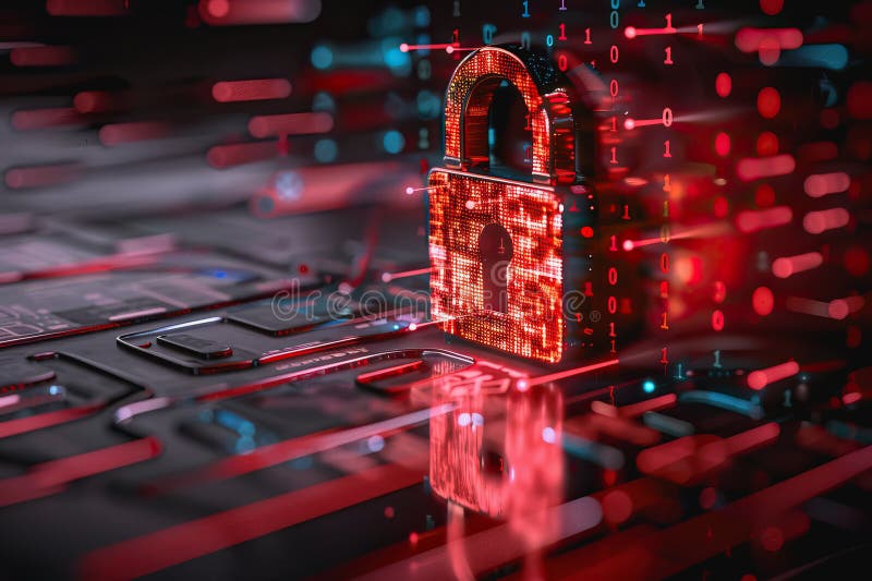 Neon-lit Padlock with Data Lines and Binary Code in Digital Space Stock Image - Image of glowing ...