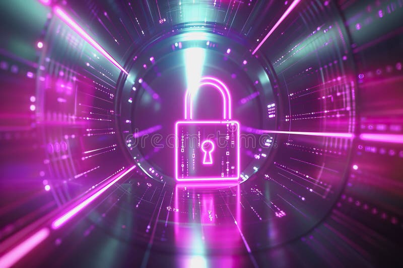 Neon-lit Padlock with Data Lines and Binary Code in Digital Space Stock Image - Image of lines ...