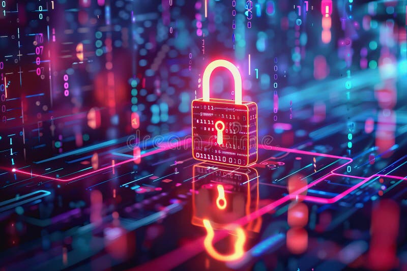 Neon-lit Padlock with Data Lines and Binary Code in Digital Space Stock ...