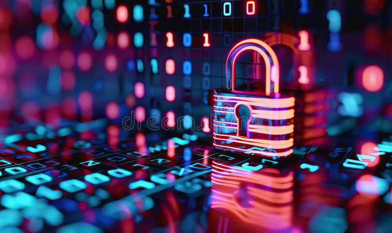 Neon-lit Padlock with Data Lines and Binary Code in Digital Space Stock Photo - Image of data ...