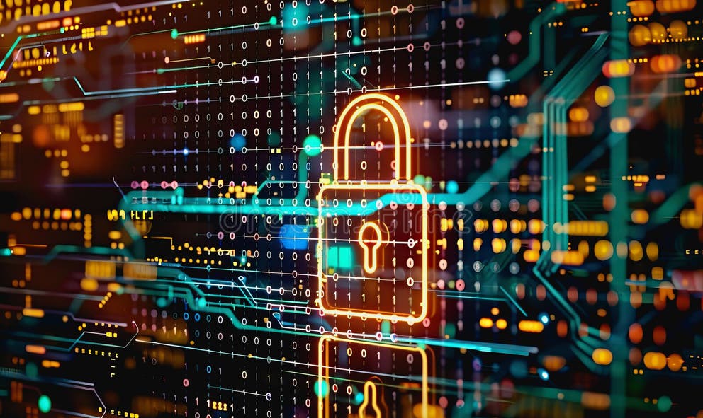 Neon-lit Padlock with Data Lines and Binary Code in Digital Space Stock Photo - Image of ...