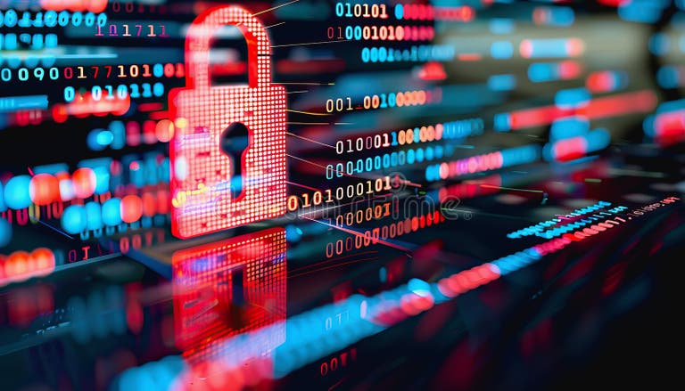 Neon-lit Padlock with Data Lines and Binary Code in Digital Space Stock Image - Image of network ...