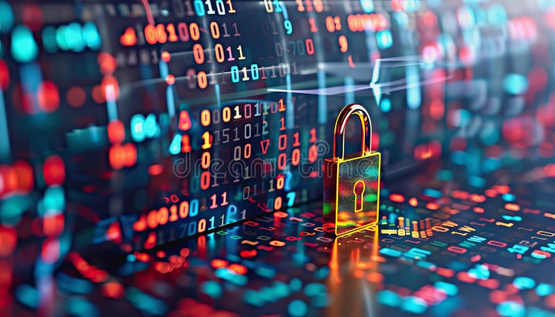 Neon-lit Padlock with Data Lines and Binary Code in Digital Space Stock Image - Image of matrix ...
