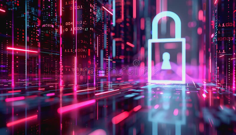 Neon-lit Padlock with Data Lines and Binary Code in Digital Space Stock ...