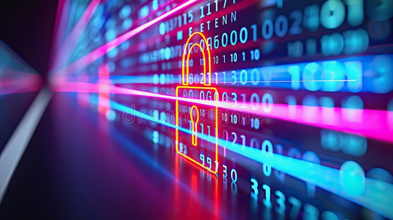 Neon-lit Padlock with Data Lines and Binary Code in Digital Space Stock Photo - Image of lines ...