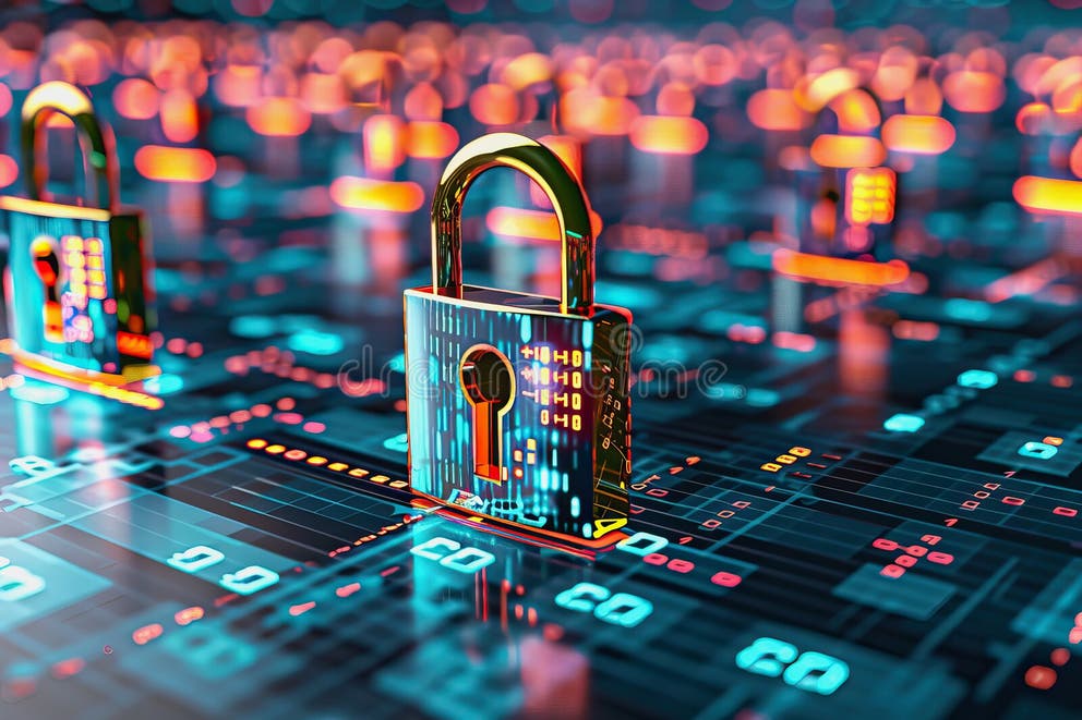 Neon-lit Padlock with Data Lines and Binary Code in Digital Space Stock Image - Image of padlock ...