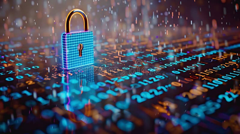 Neon-lit Padlock with Data Lines and Binary Code in Digital Space Stock Image - Image of safety ...