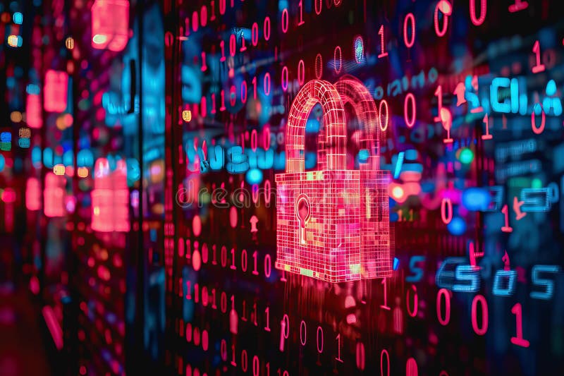 Neon-lit Padlock with Data Lines and Binary Code in Digital Space Stock ...