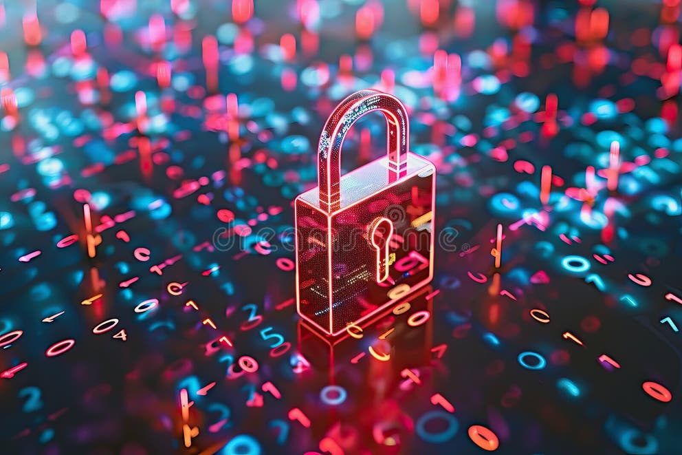 Neon-lit Padlock with Data Lines and Binary Code in Digital Space Stock Image - Image of padlock ...