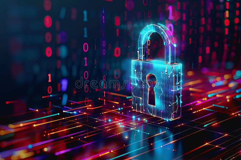 Neon-lit Padlock with Data Lines and Binary Code in Digital Space Stock Photo - Image of future ...